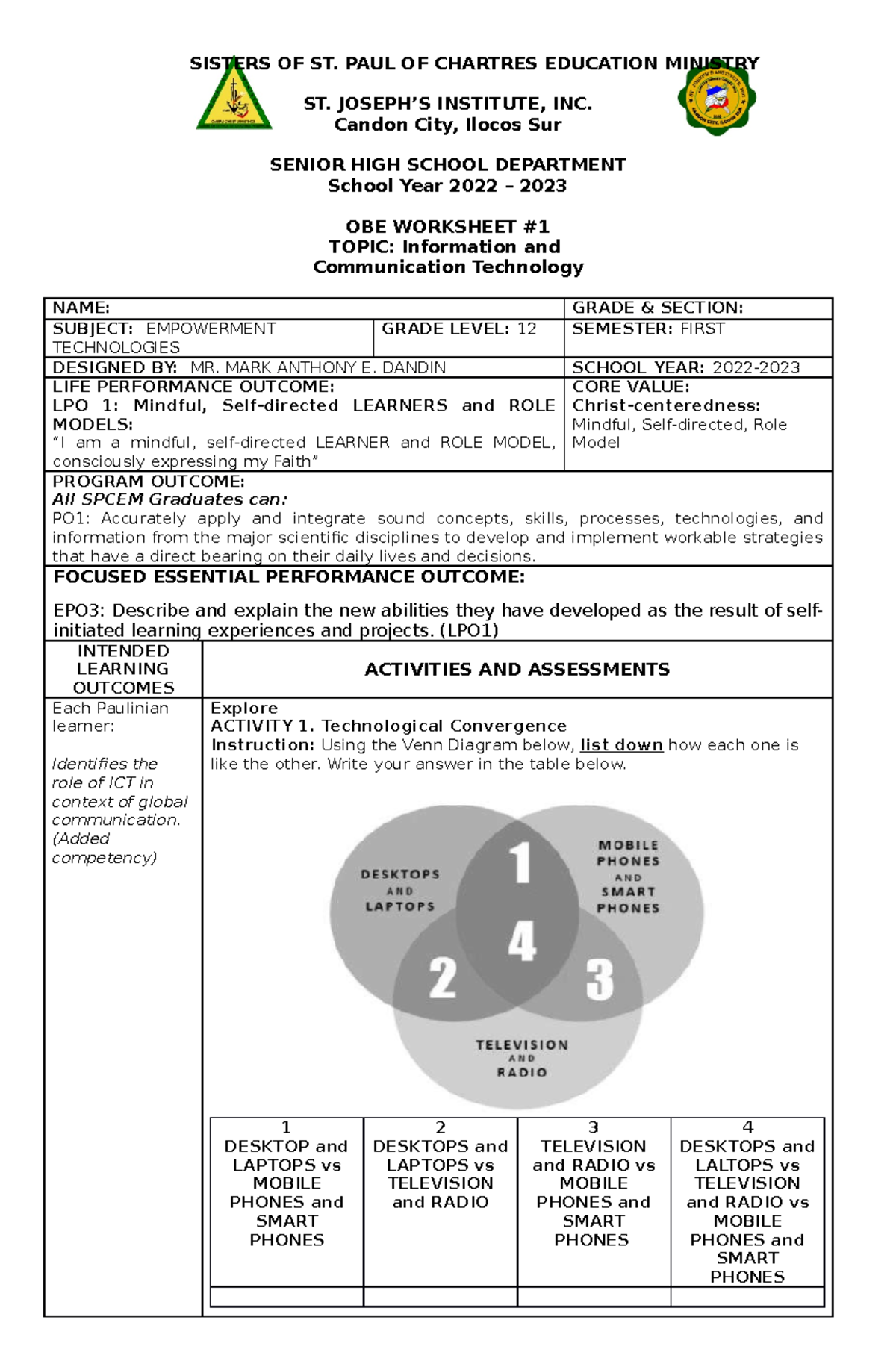 ICT Worsheet WEEK 1-2 - ICT encompasses both the internet-enabled ...