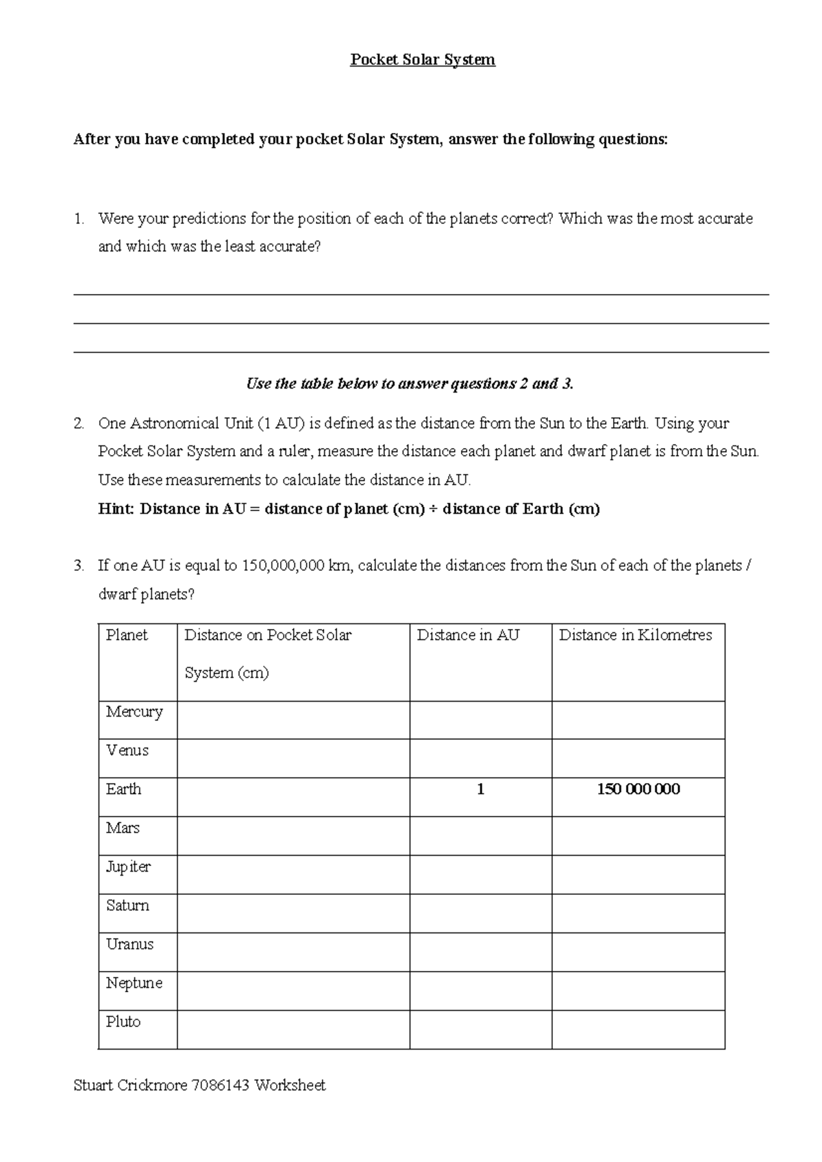 Pocket Solar System - 2. One Astronomical Unit (1 AU) is defined as the ...