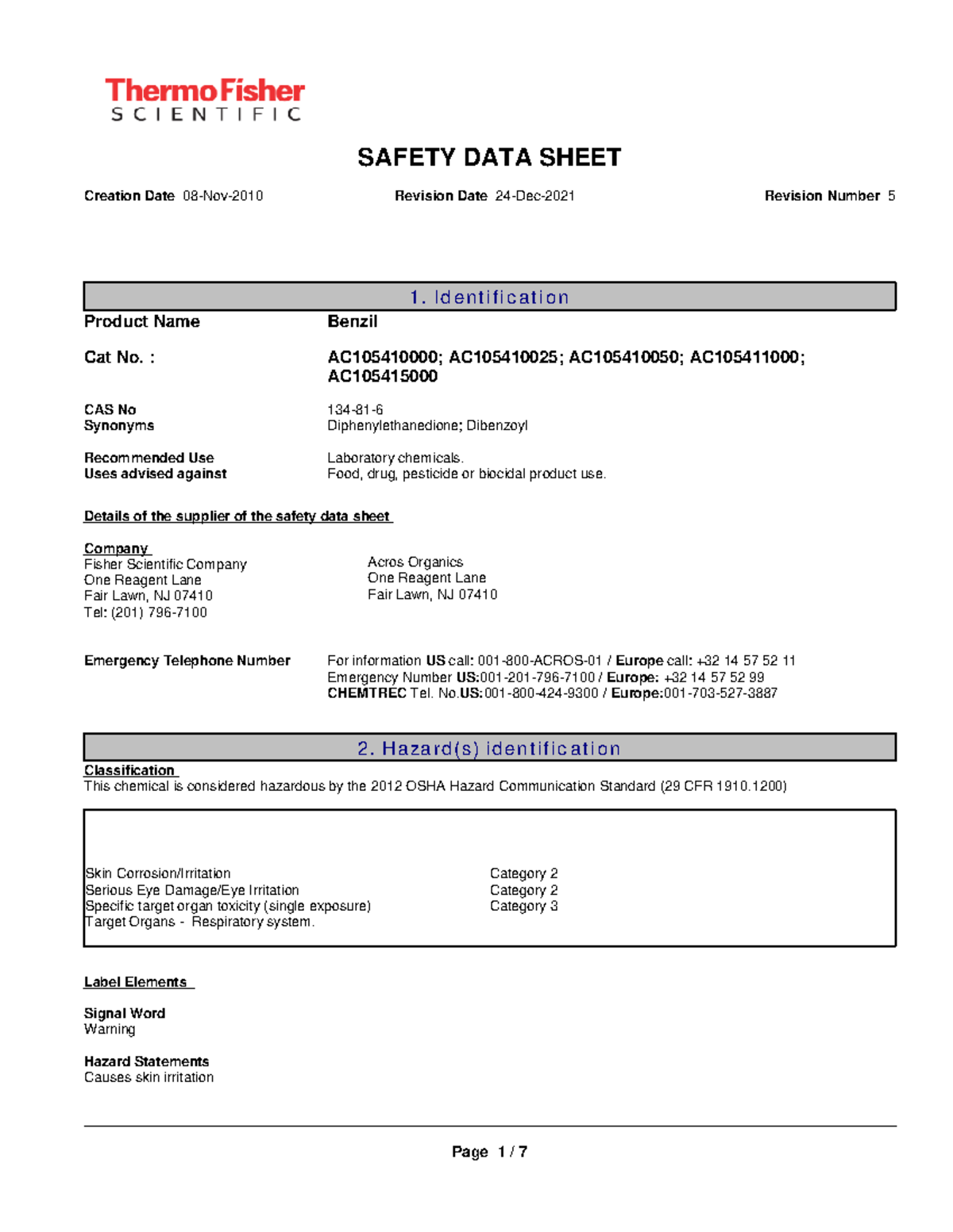 MSDS bezil - MSDS - SAFETY DATA SHEET Creation Date 08-Nov-2010 Revision Date 24-Dec-2021 ...