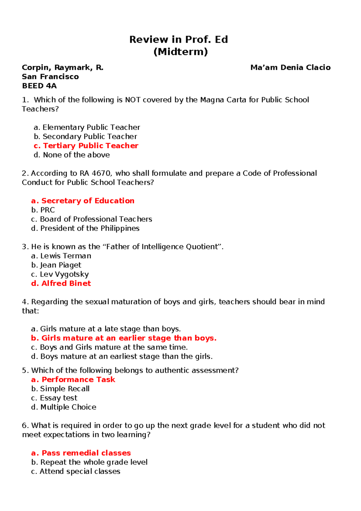 Review in Prof.ed (Midterm) - Review in Prof. Ed (Midterm) Corpin, Raymark, R. Ma’am Denia ...