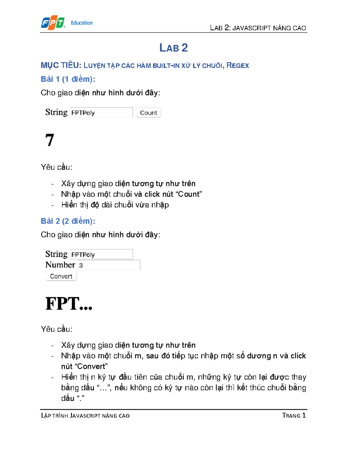Lab 2 - Exercises for Javascript - LAB 2 MỤC TIÊU: LUYỆN TẬP CÁC HÀM ...
