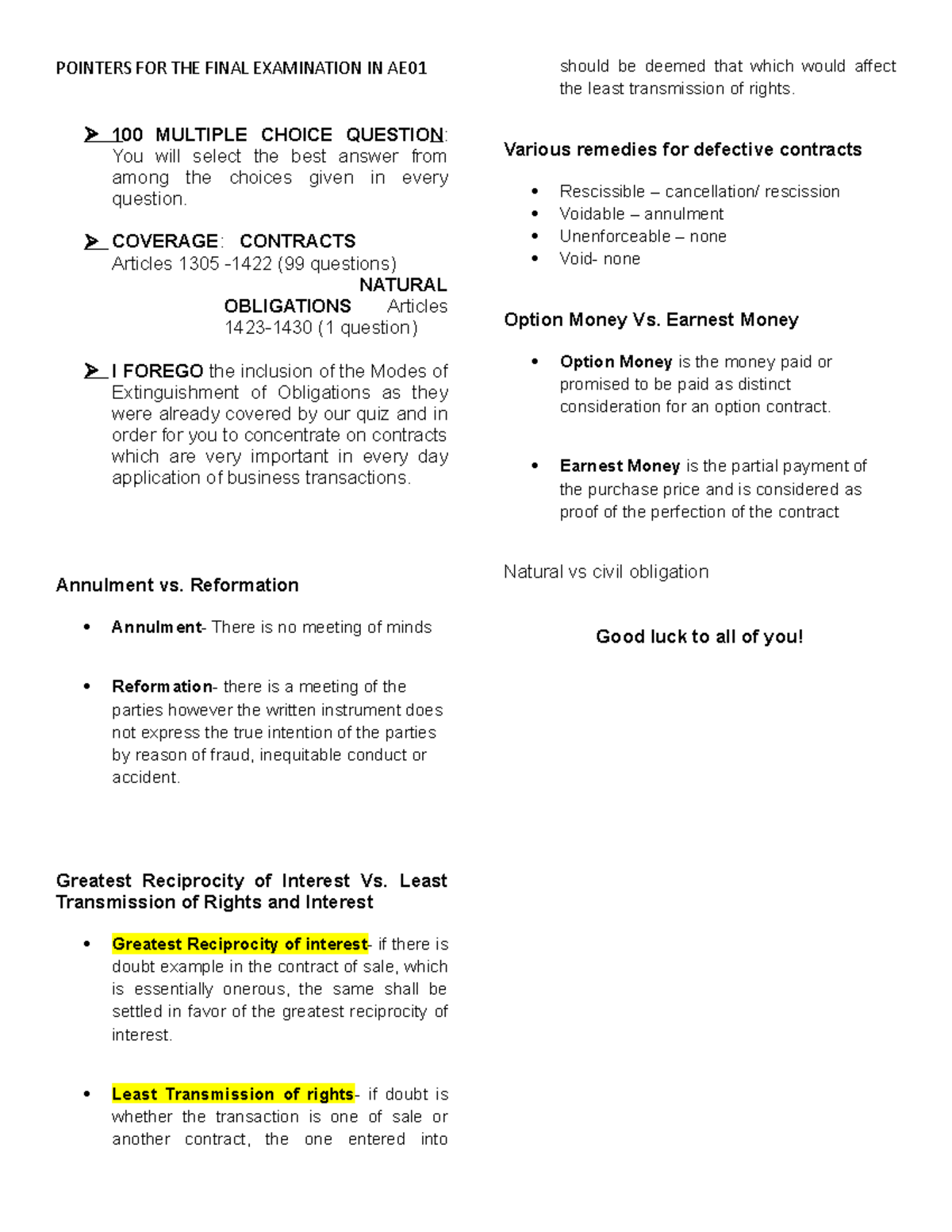 Contracts_Obligations and Contracts - POINTERS FOR THE FINAL ...