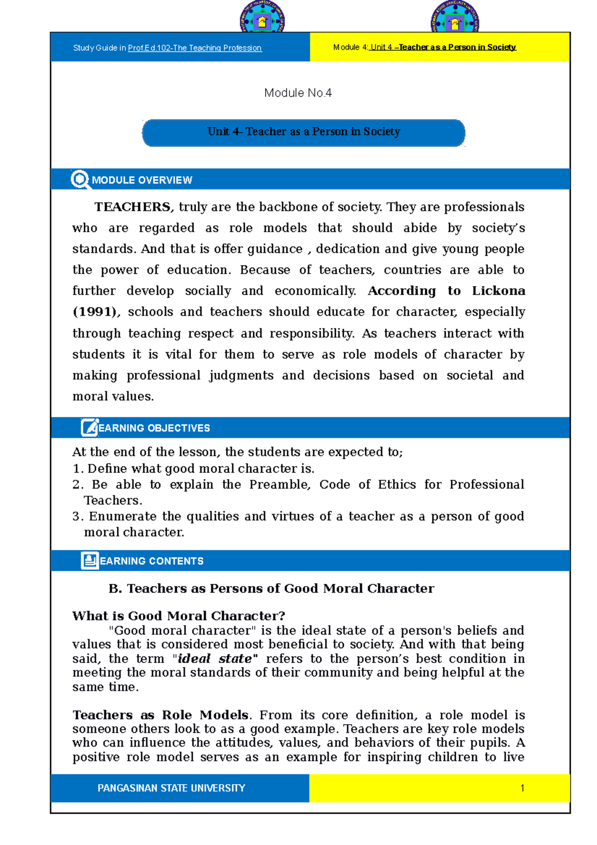 Module 1 The Teaching Profession - Module No. MODULE OVERVIEW TEACHERS ...