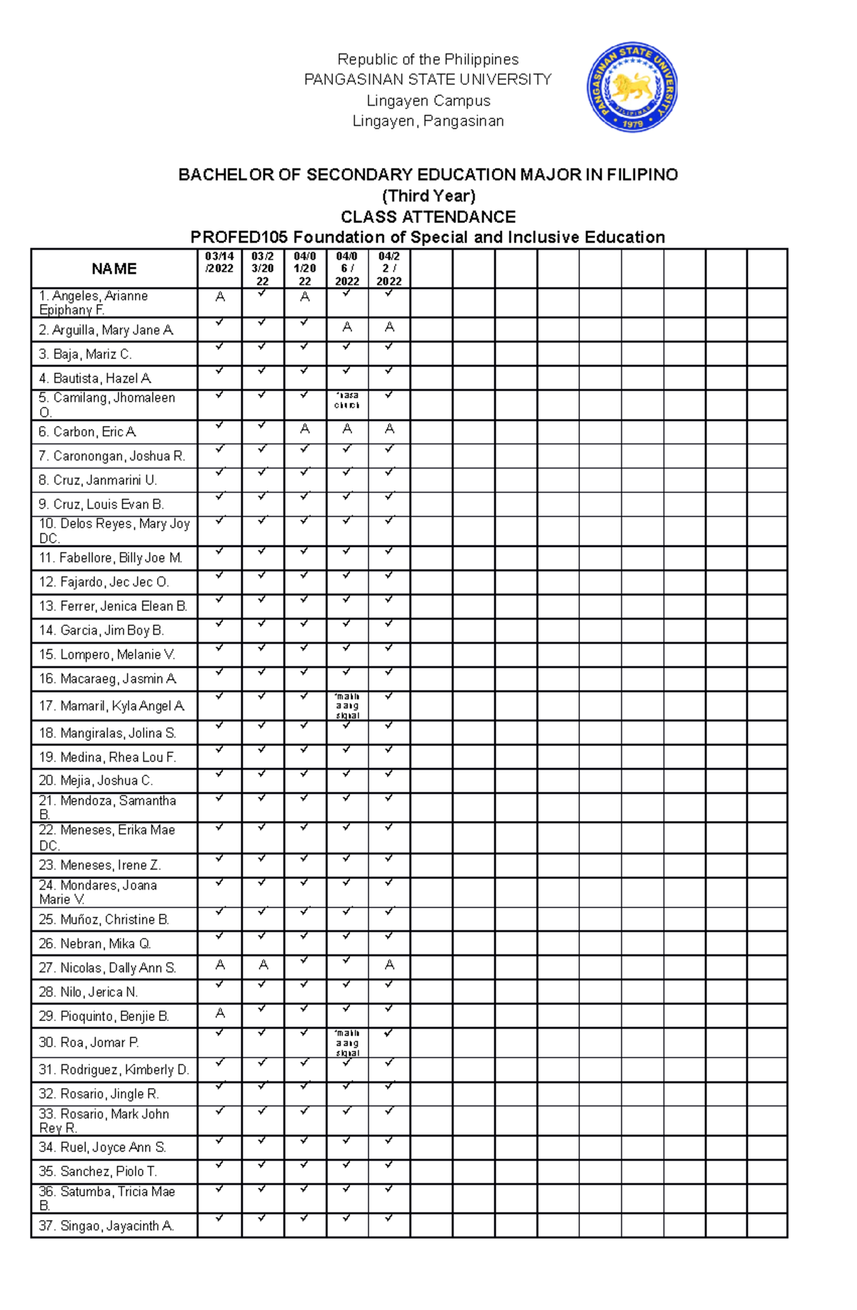 Class Attendance III BSED Filipino Copy - Republic of the Philippines ...