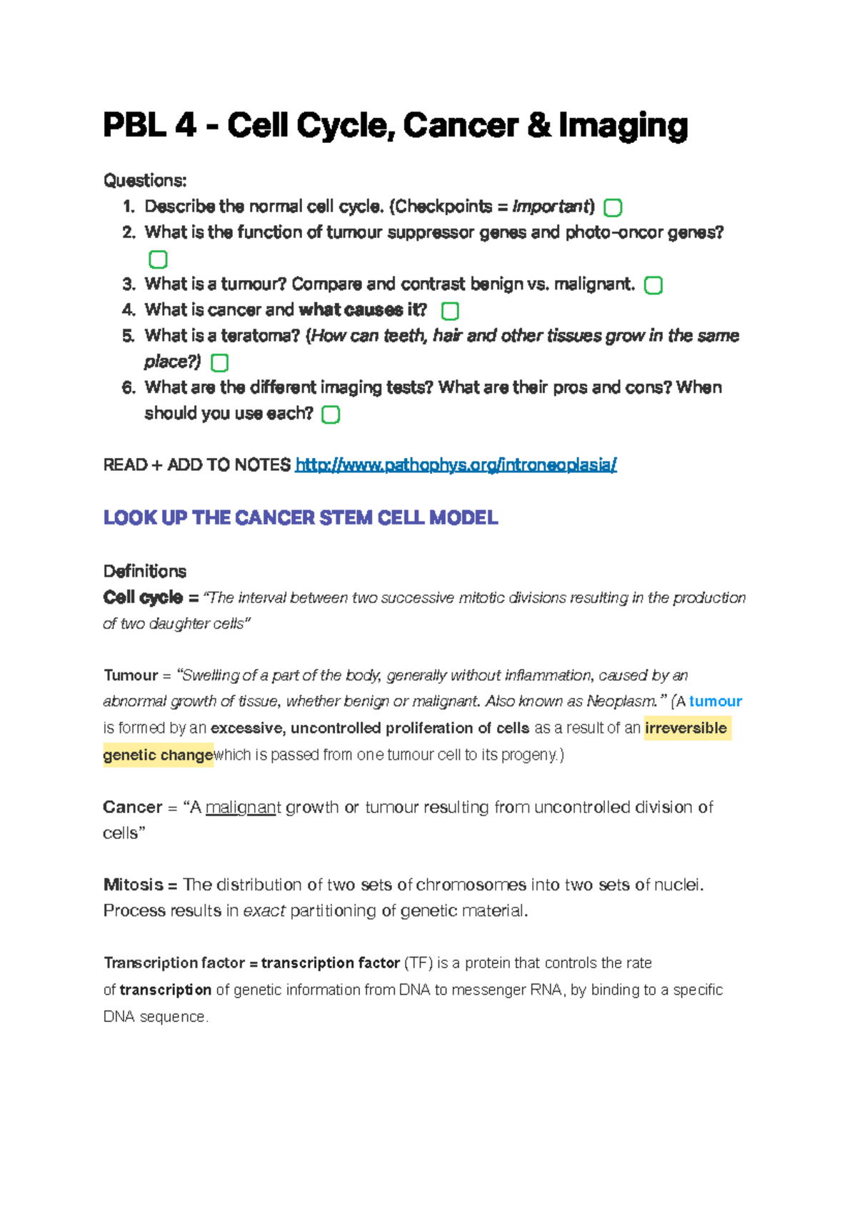 Cell Cycle, Cancer and Imaging - P B L 4 - C e l l C yc l e , C a n c e ...