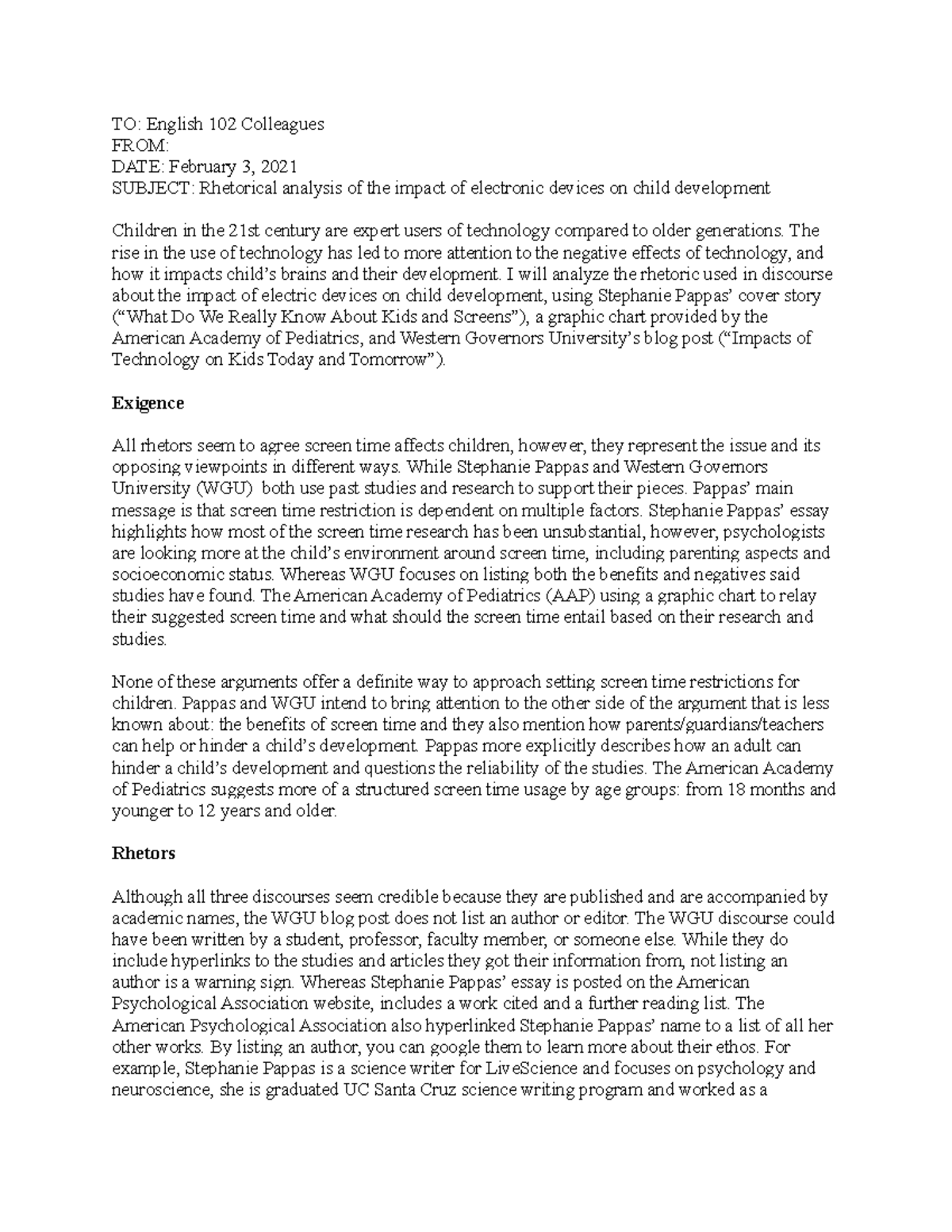 ENGL 102 memo - Daniel Driscoll Engl 102 memo final - TO: English 102 ...