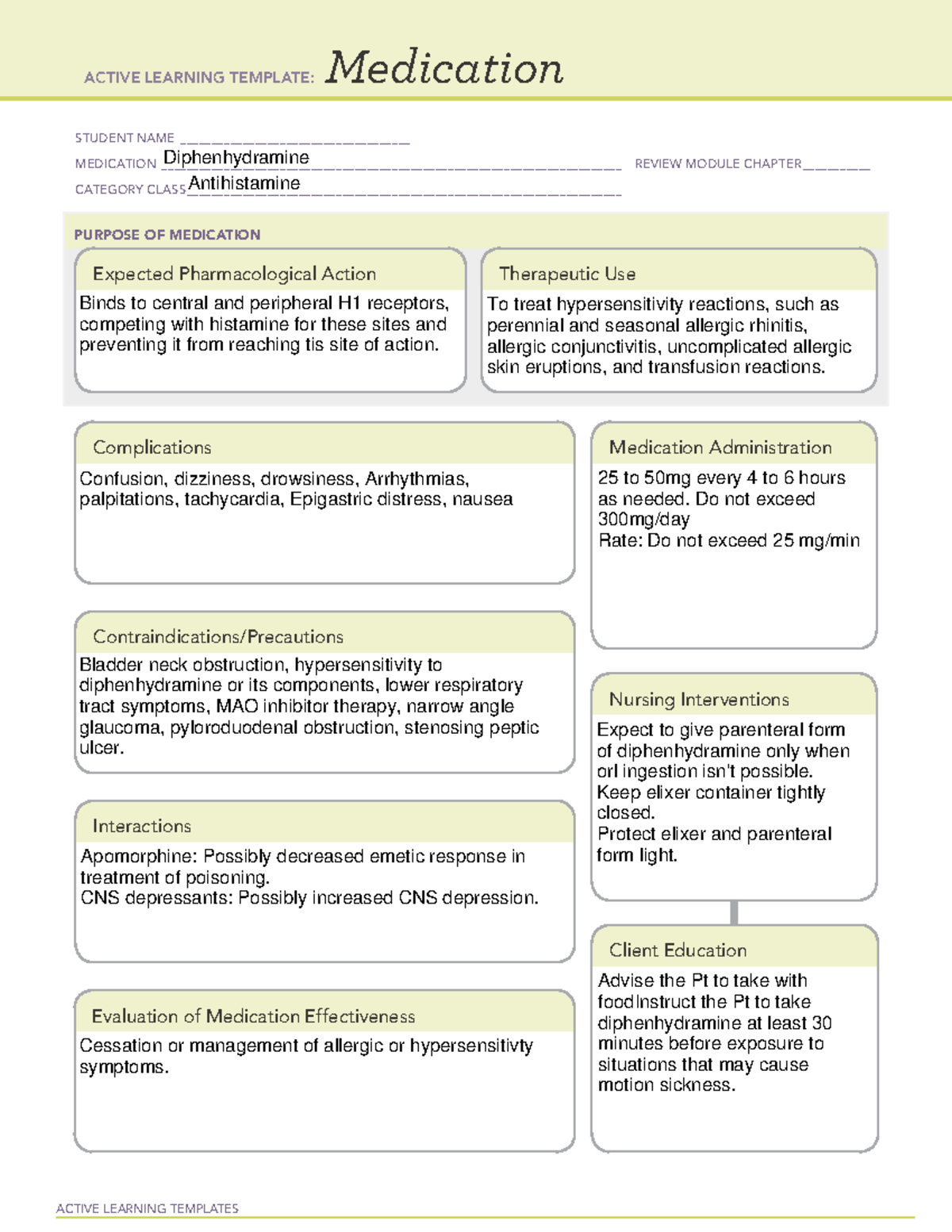 Diphenhydramine med card - ACTIVE LEARNING TEMPLATES Medication STUDENT ...