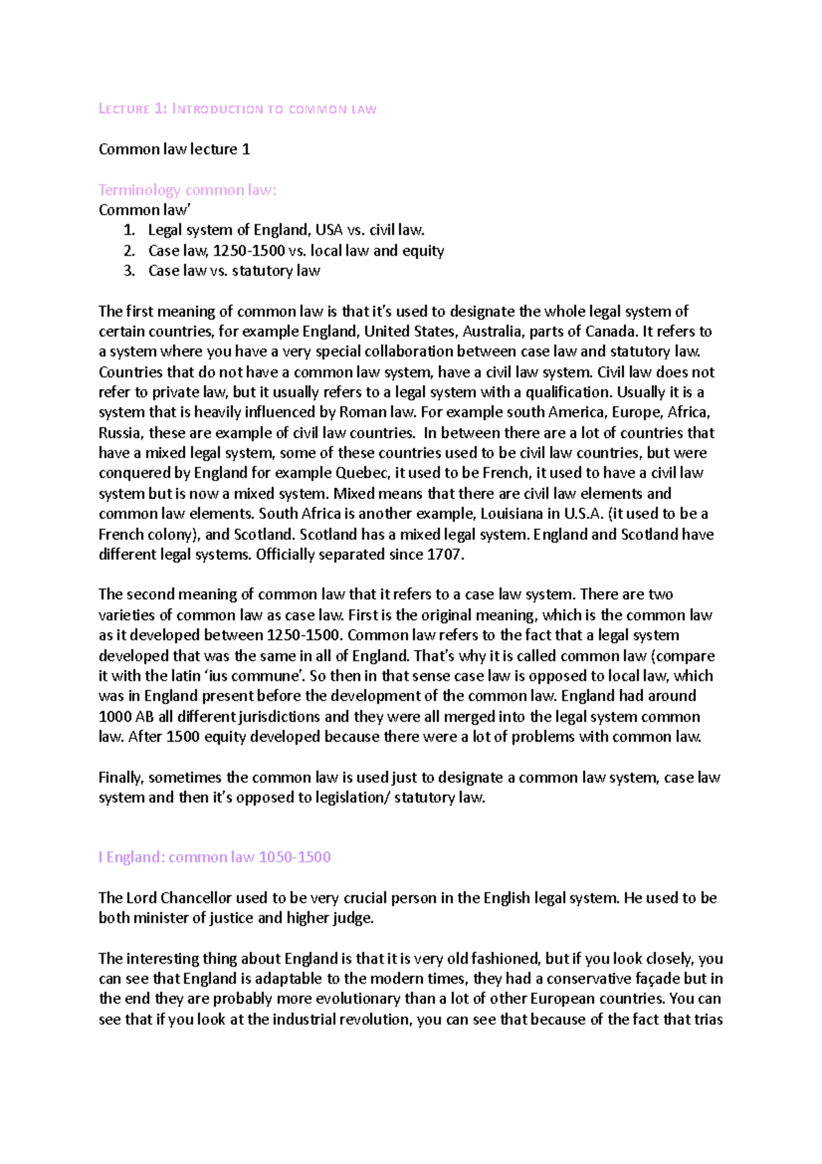 Lecture 1 Common law - LECTURE 1: INTRODUCTION TO COMMON LAW Common law ...