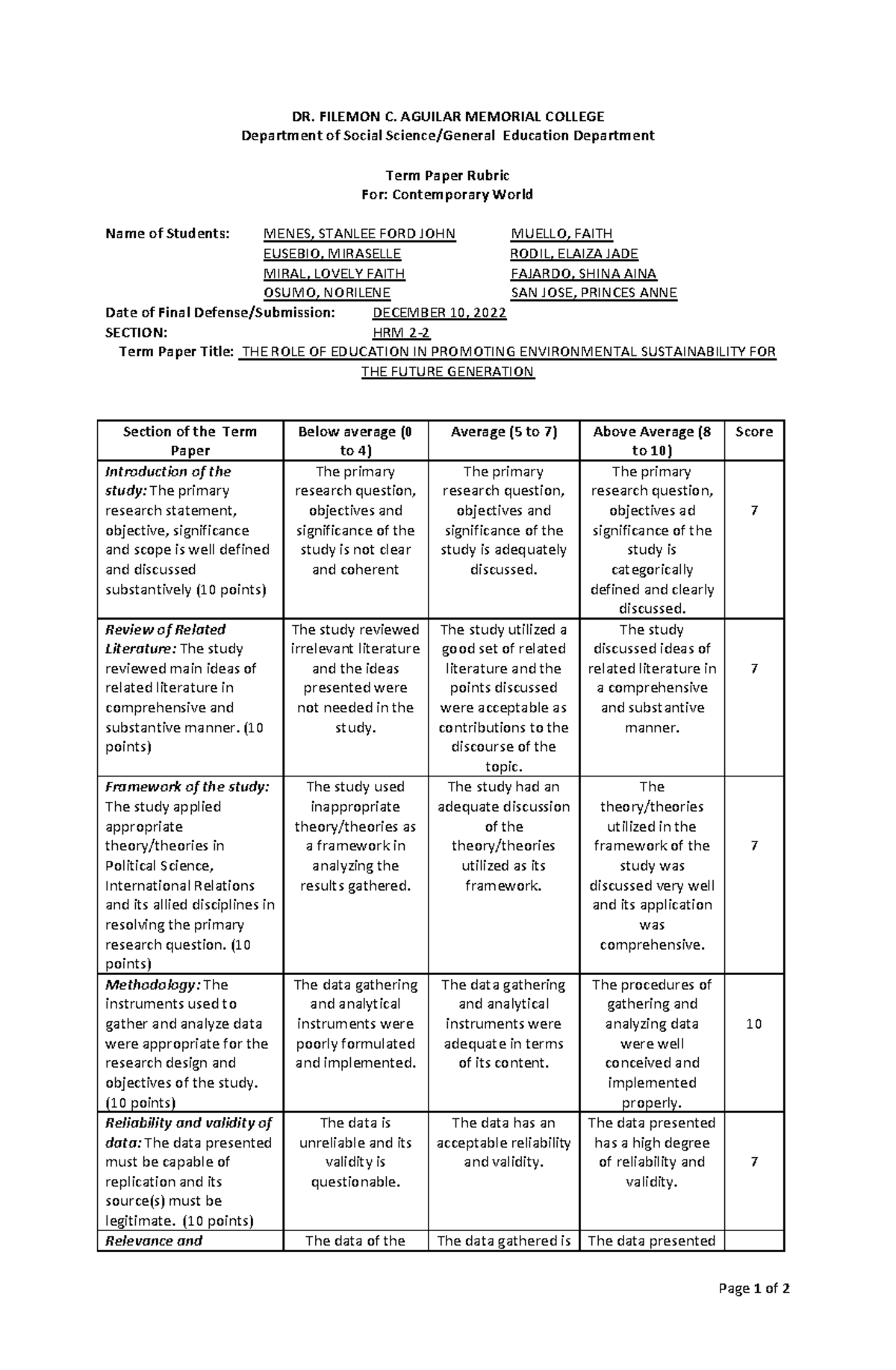 HRM2-2 Group 2 - None - Page 1 of 2 DR. FILEMON C. AGUILAR MEMORIAL ...