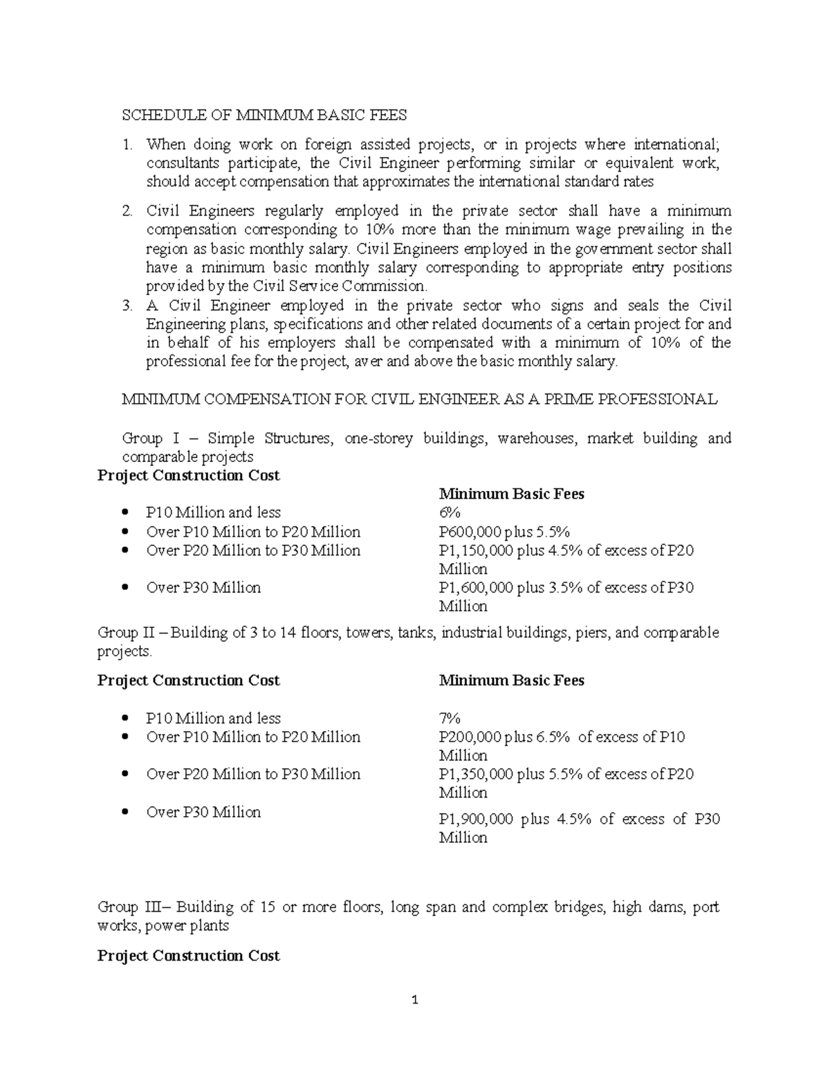 Schedule OF Minimum Basic FEES - SCHEDULE OF MINIMUM BASIC FEES 1. When ...