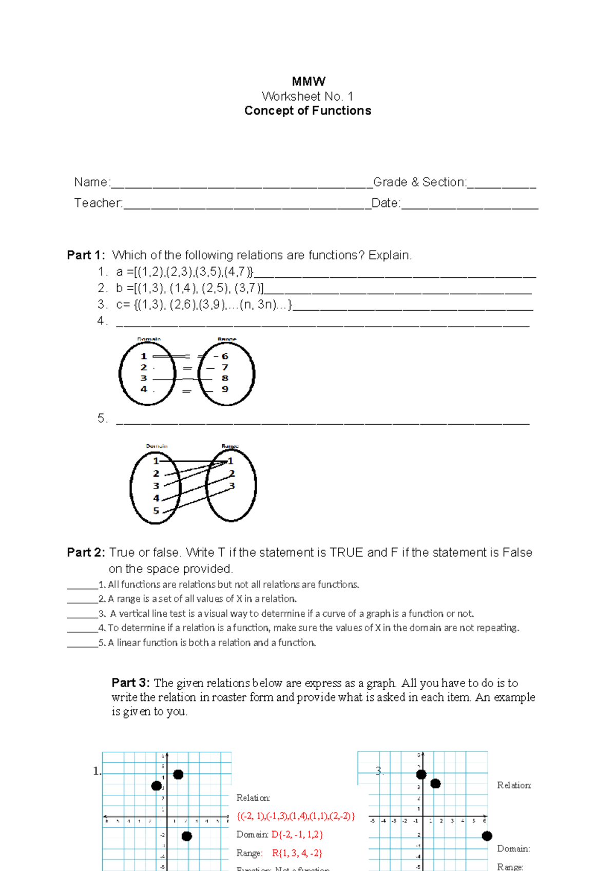 MMW ACT3 MID Functions - activity - MMW Worksheet No. 1 Concept of Functions - Studocu
