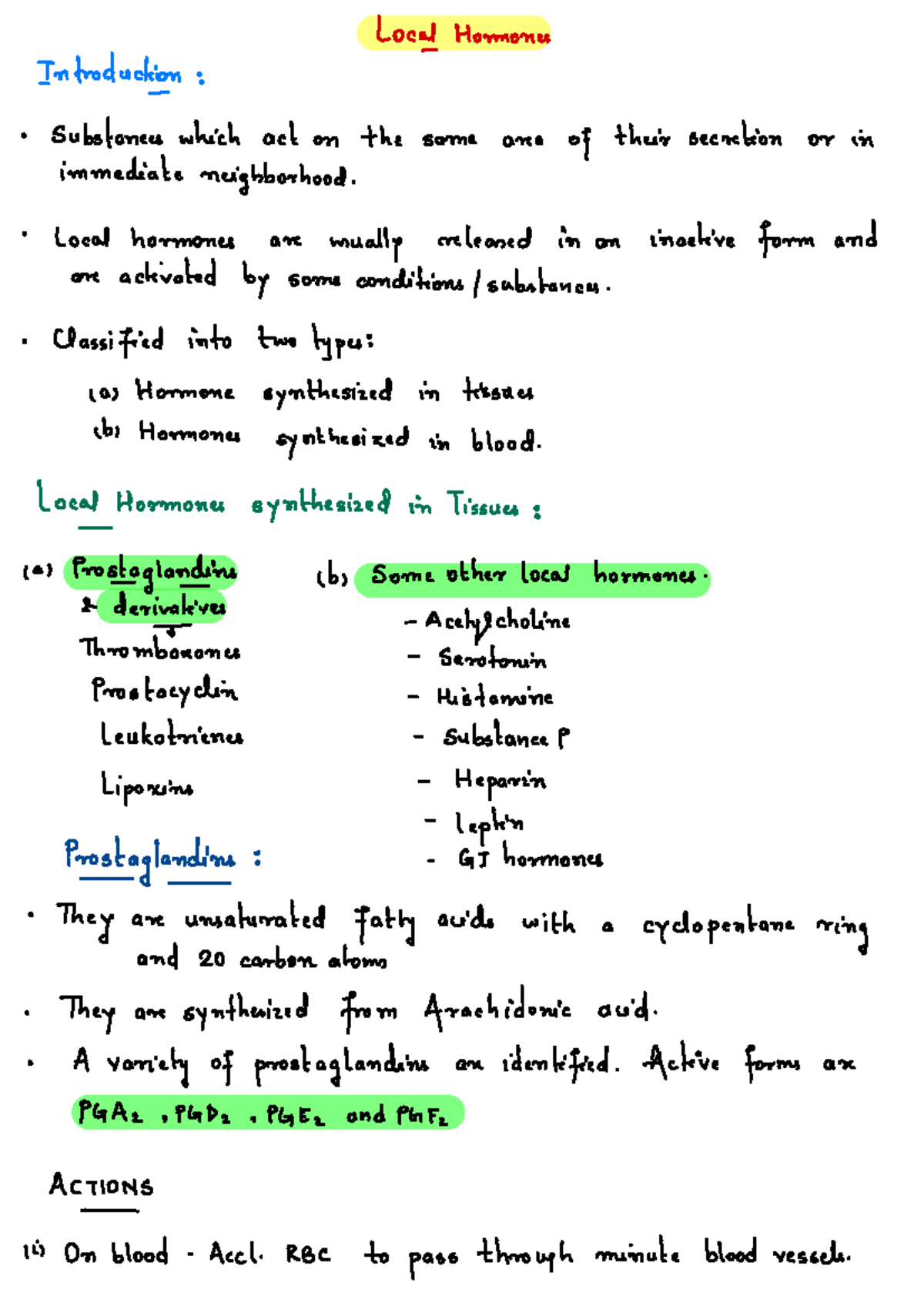 Local Hormone - Notes - Local Hormones Introduction : ° Substances ...