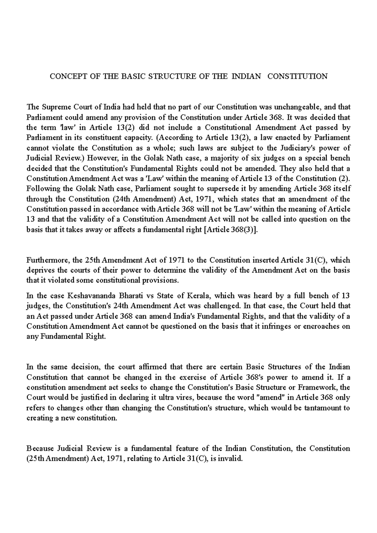 Concept OF THE Basic Structure OF THE Indian Constitution - CONCEPT OF ...