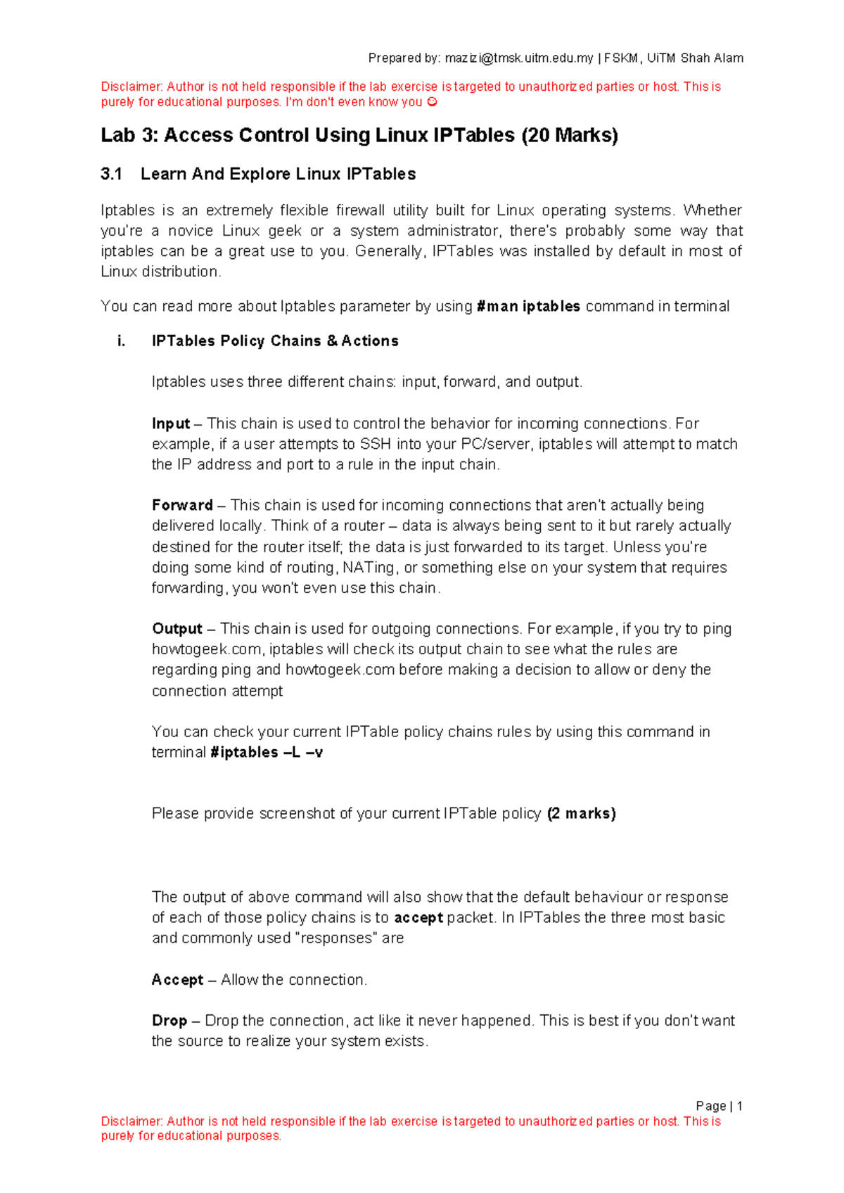 Lab 3 - Access Control Using Linux IPTable - Disclaimer: Author is not held responsible if the ...