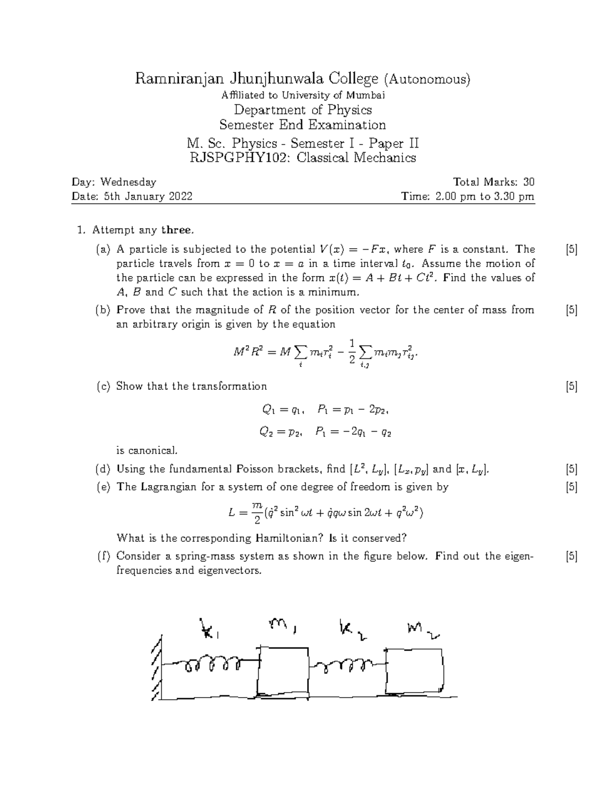 Classical Mechanics - Assignments - Ramniranjan Jhunjhunwala College ...