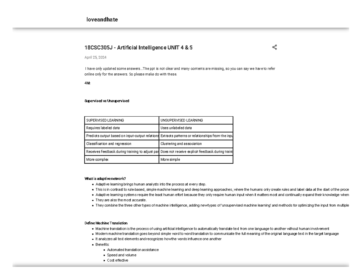 18CSC305J - Artificial Intelligence UNIT 4 & 5 - loveandhate 18CSC305J ...