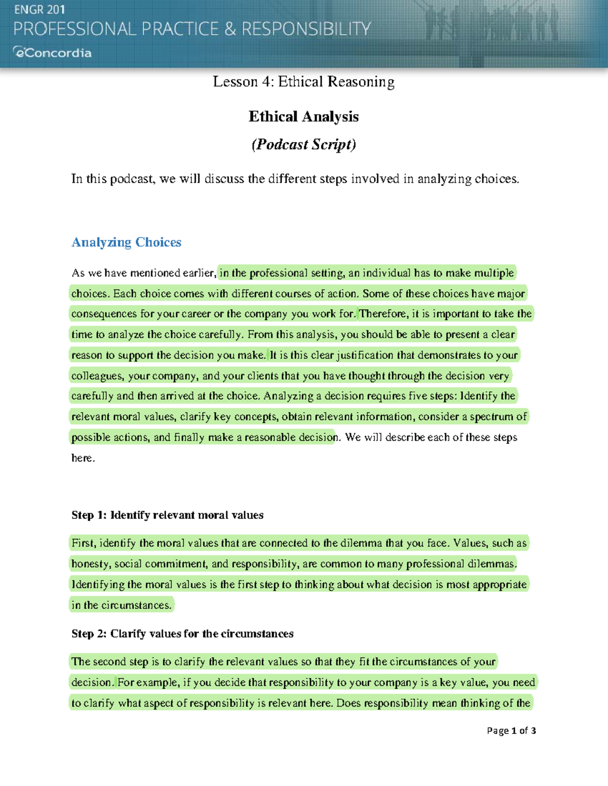 Lesson 4Podcast 2ENGR201 - Page 1 of 3 Lesson 4: Ethical Reasoning ...