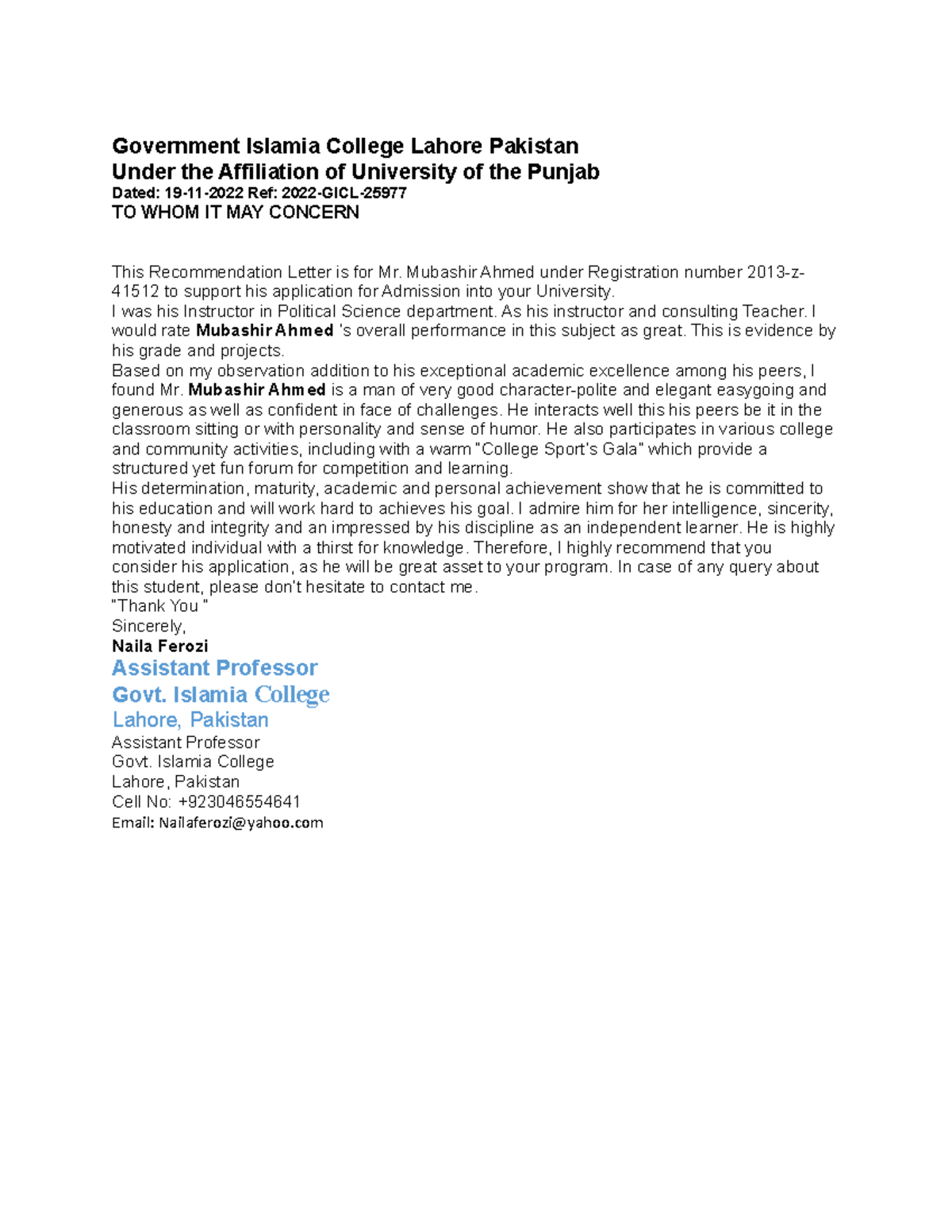letter of recommendation - Government Islamia College Lahore Pakistan ...