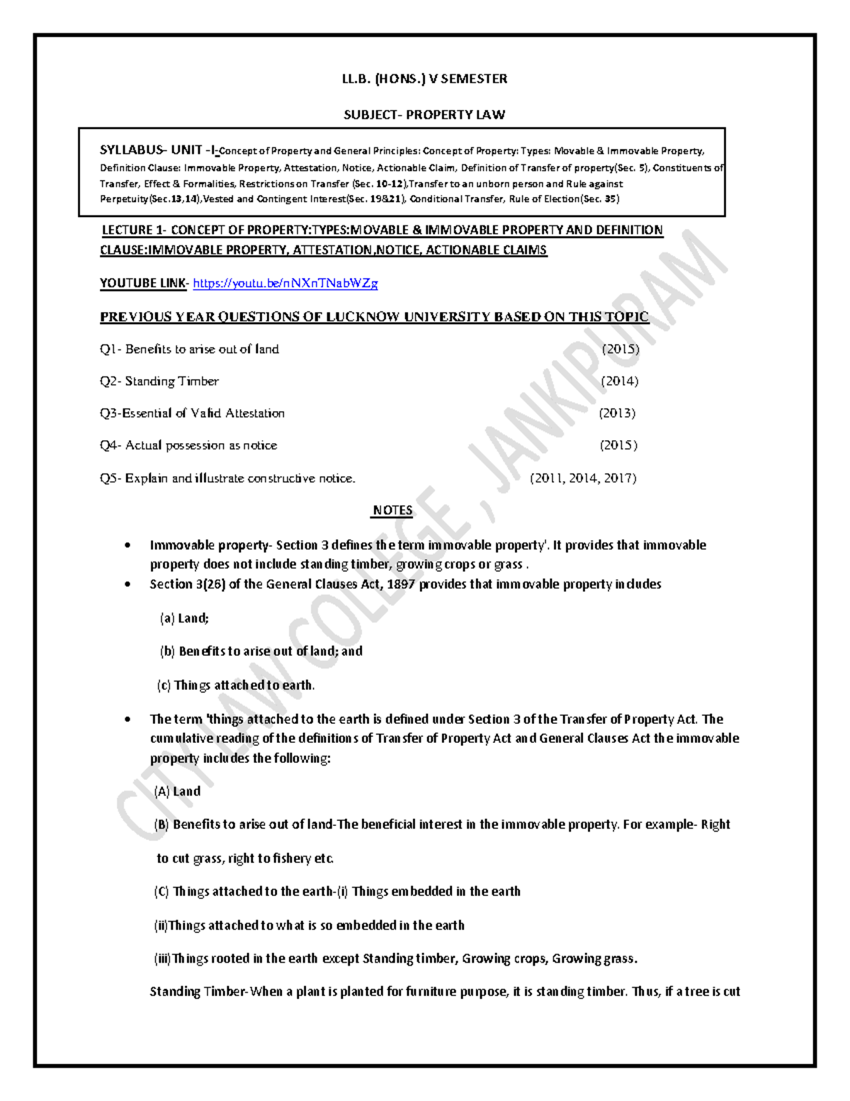 Property Law - Law notes - LL. (HONS.) V SEMESTER SUBJECT- PROPERTY LAW ...