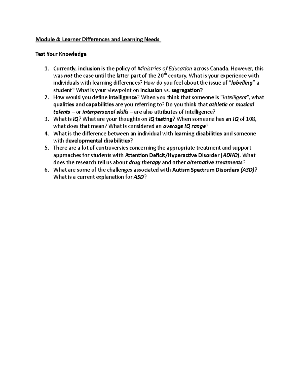 Module 4 - Pre-Test - pre-test - Module 4: Learner Differences and ...