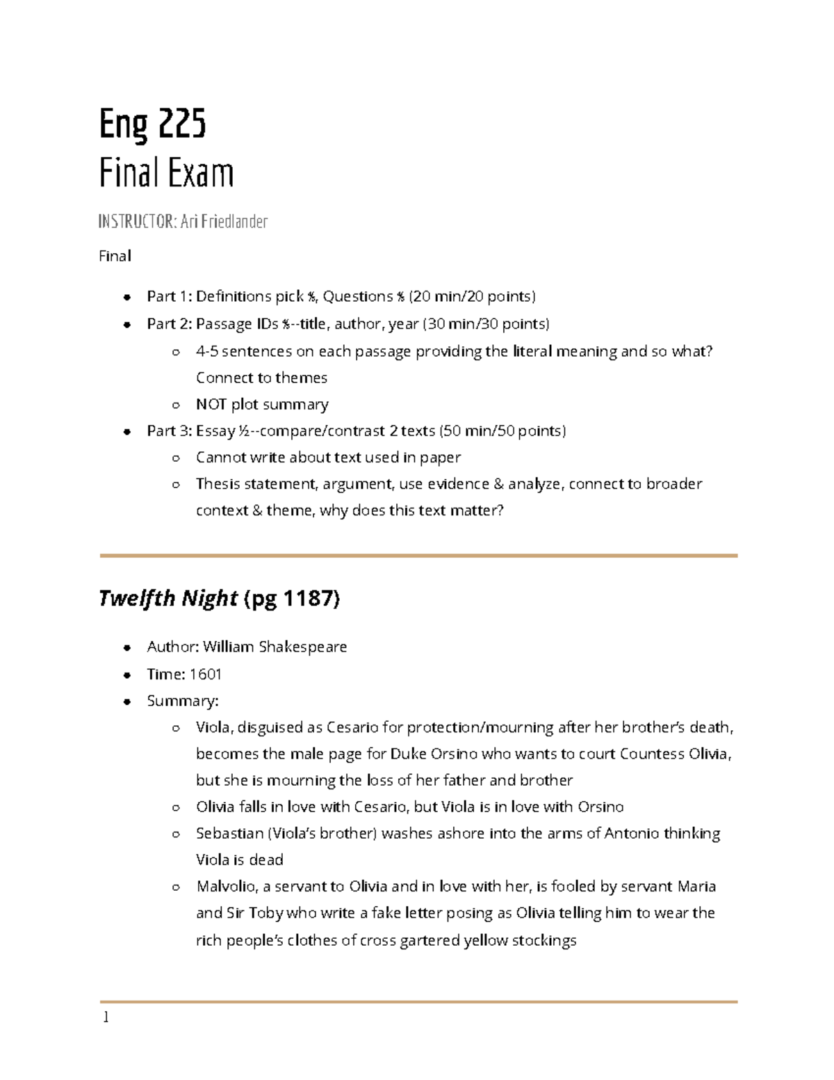 Final Exam Study materials - Eng 225 Final Exam INSTRUCTOR: Ari ...