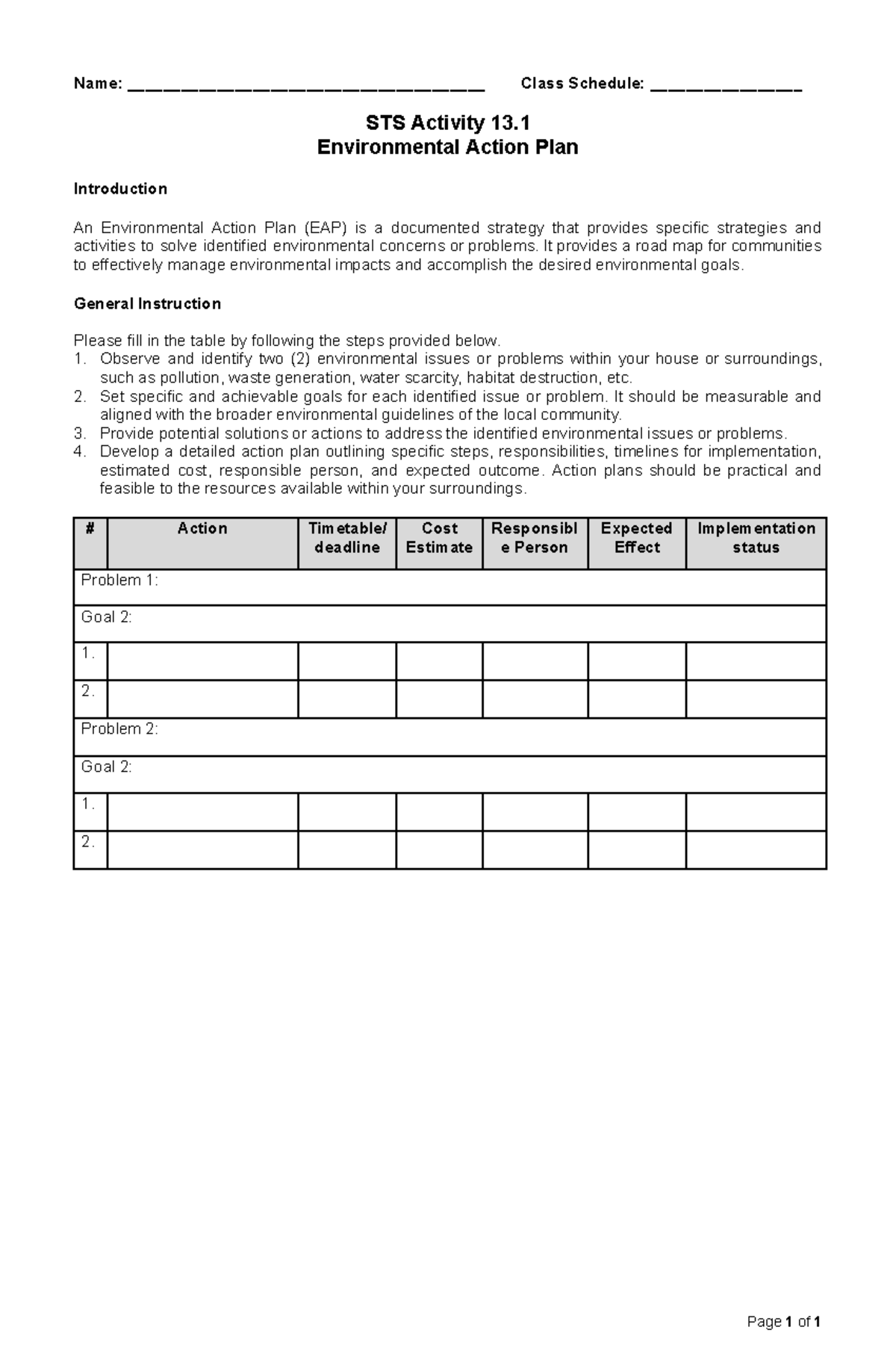 Emanuelroy Elopre Environmental Action Plan Format Copy - Name: - Studocu