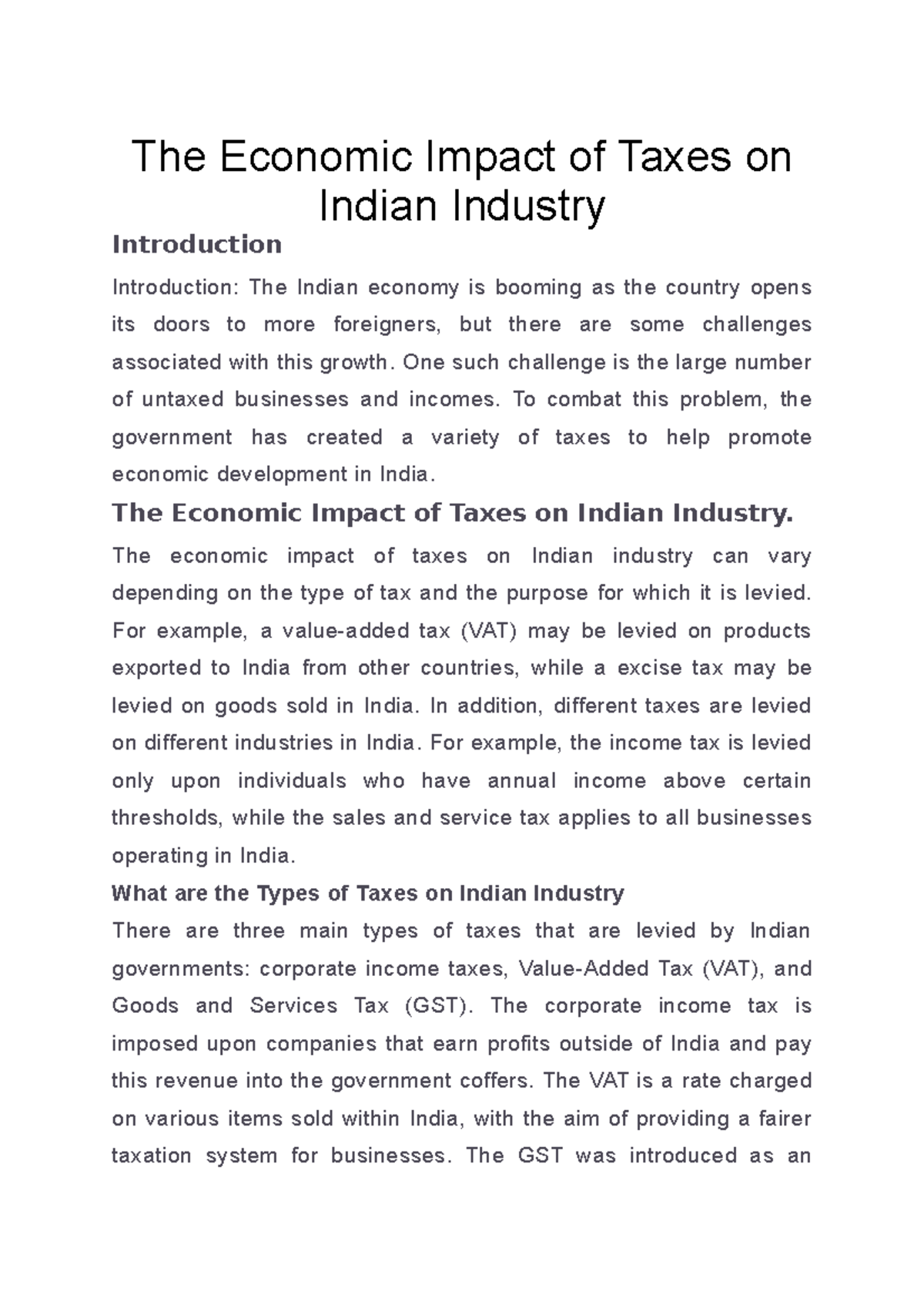 The Economic Impact of Taxes on Indian Industry - The Economic Impact ...