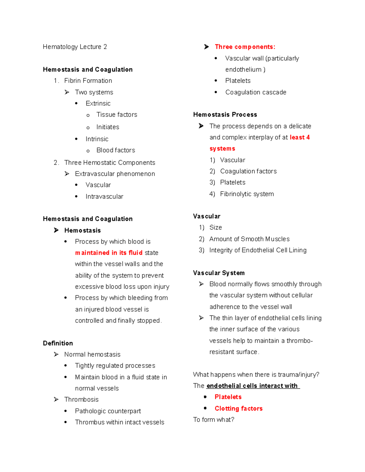 Hema lec 2 transes 1st monthly - Hematology Lecture 2 Hemostasis and ...