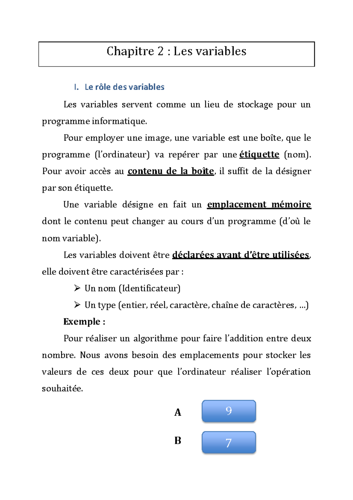 02 - Algorithme - Les variables - Chapitre 2 : Les variables I. Le rôle des variables Les ...