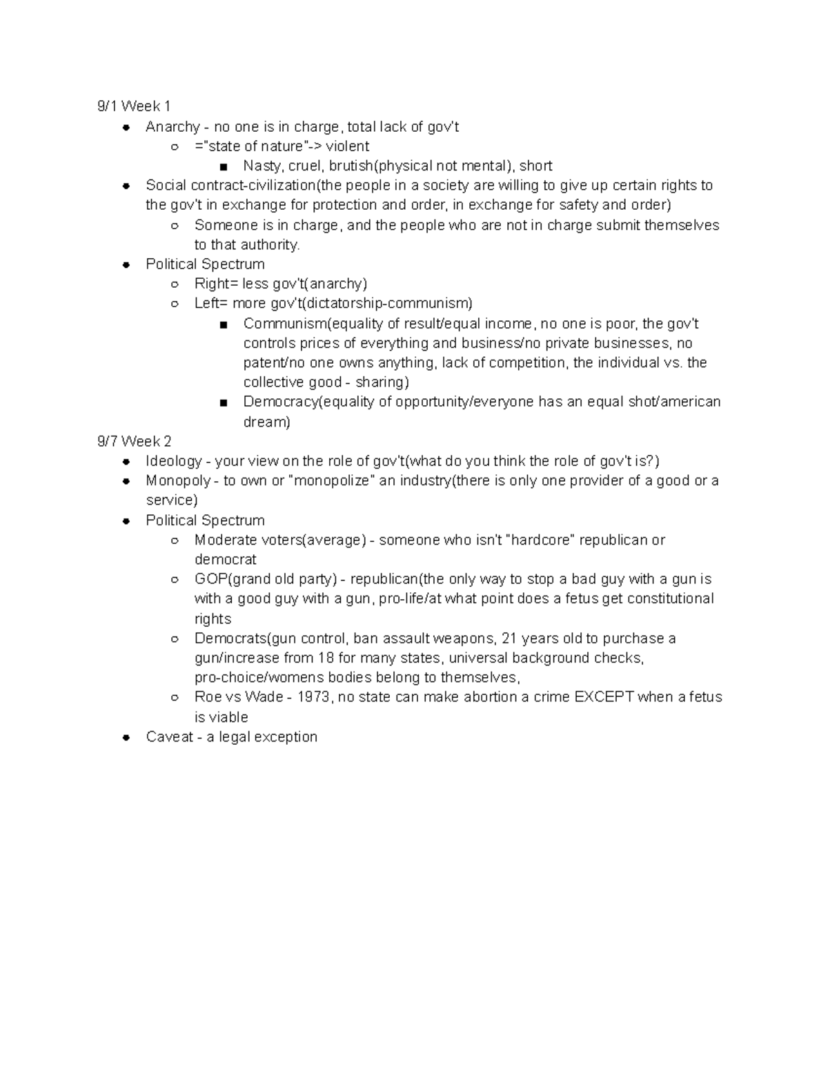 Intro to Gov Notes - 9/1 Week 1 Anarchy - no one is in charge, total ...