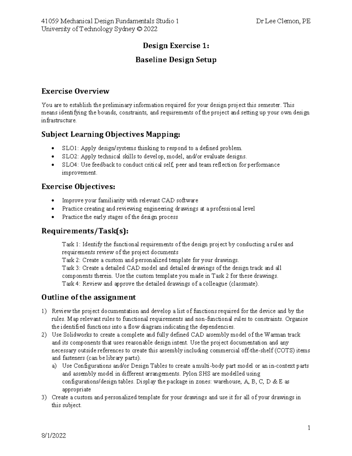 Design Exercise 1 - 41059 Mechanical Design Fundamentals Studio 1 Dr ...