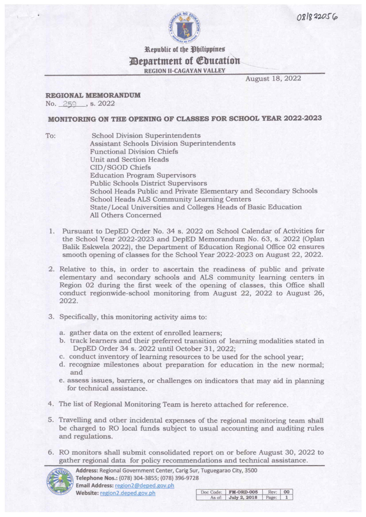 Monitoring ON THE Opening OF Classes FOR THE School YEAR 2022 2023 ...