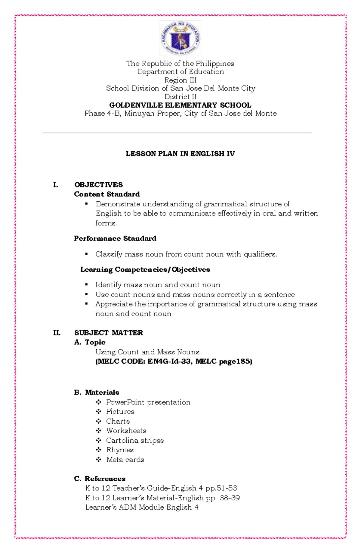 Edited Lesson PLAN IN English IV (COT) - The Republic of the ...