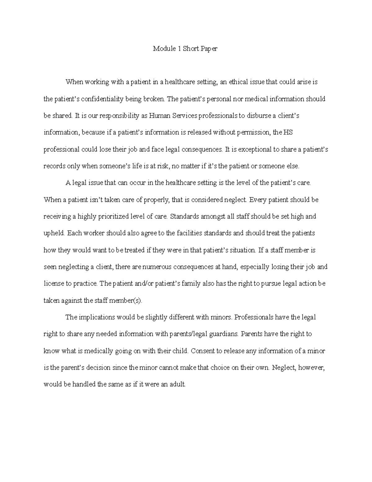 Module 1 Short Paper - My professor is Jessica Sugrue and I received an ...