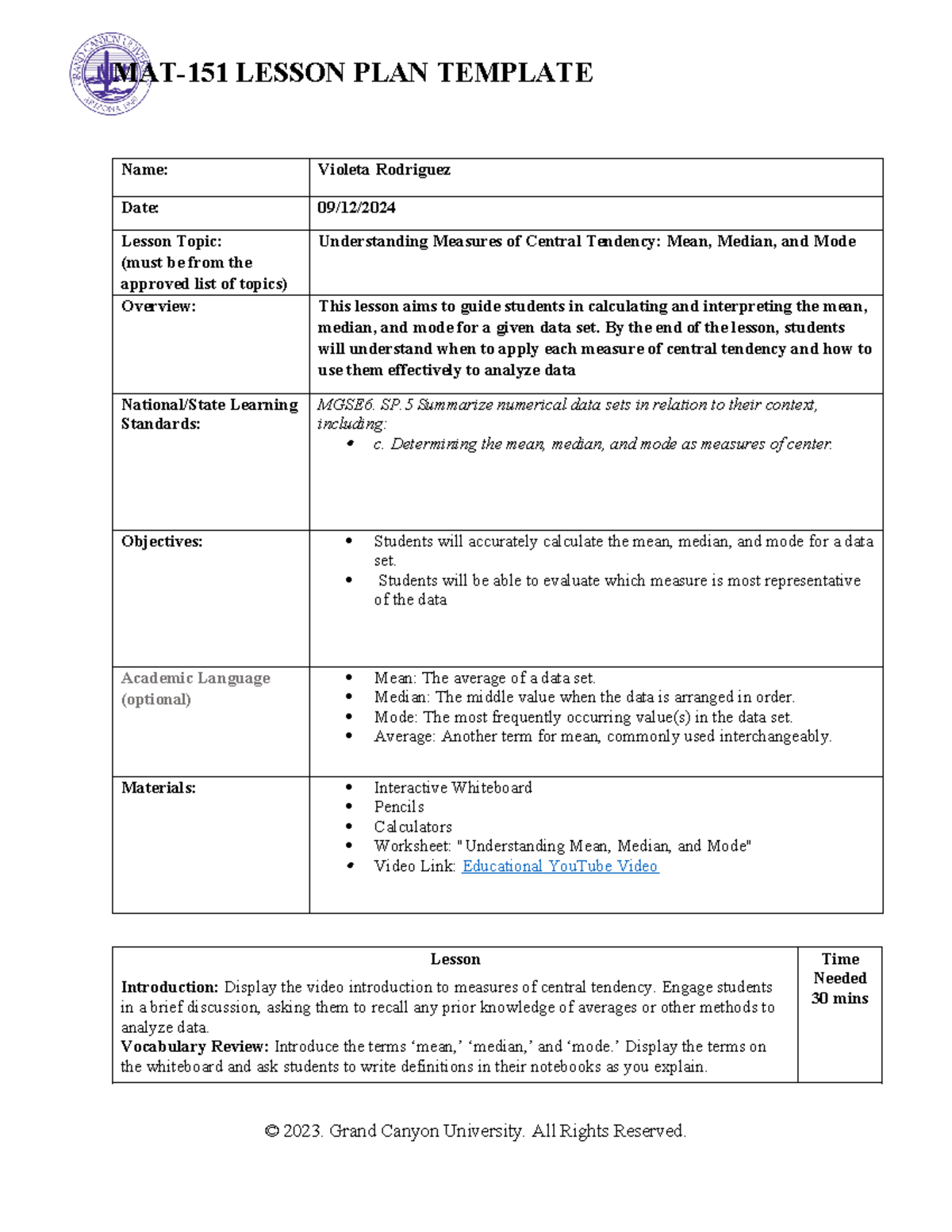 MAT-151 Lesson Plan Template - MAT-151 LESSON PLAN TEMPLATE Name ...