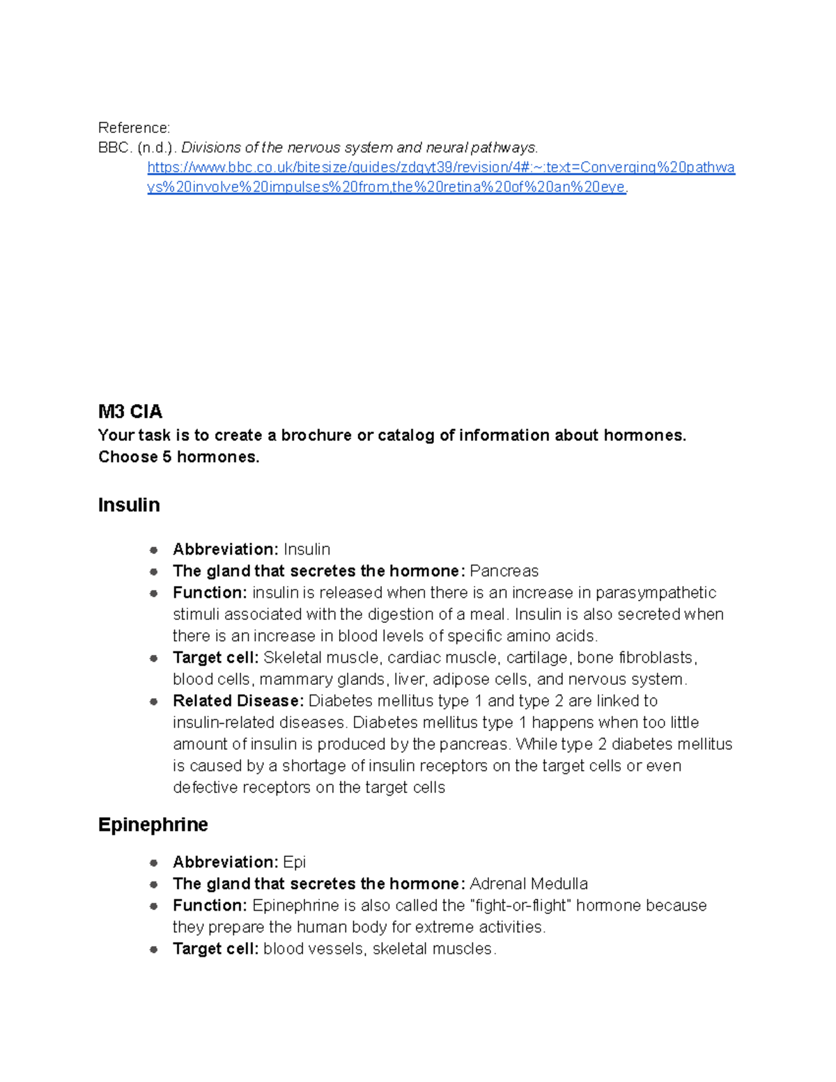 M3 cia anaphy - Reference: BBC. (n.). Divisions of the nervous system ...
