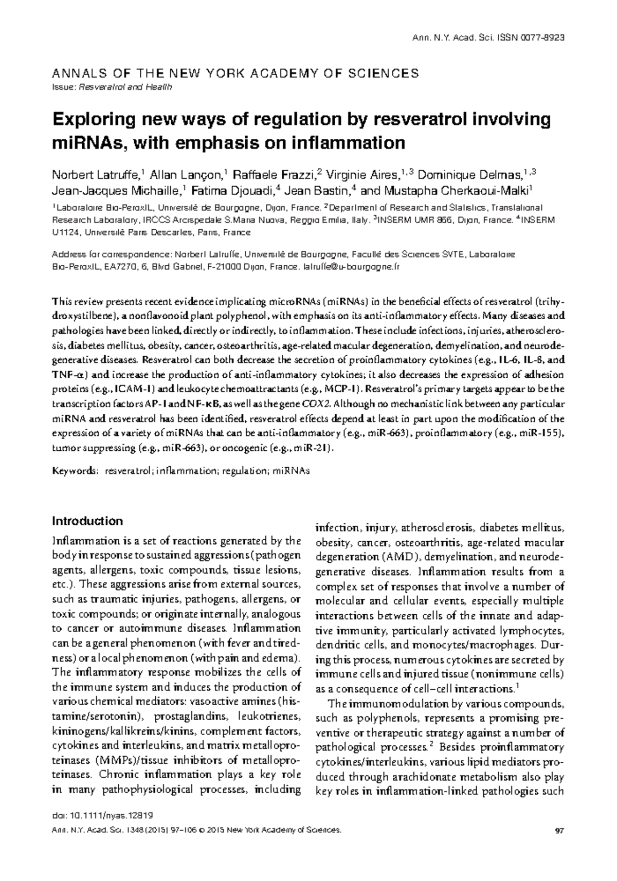 Journal Club resveratrol y mi RNAs - Ann. N. Acad. Sci. ISSN 0077- A N ...