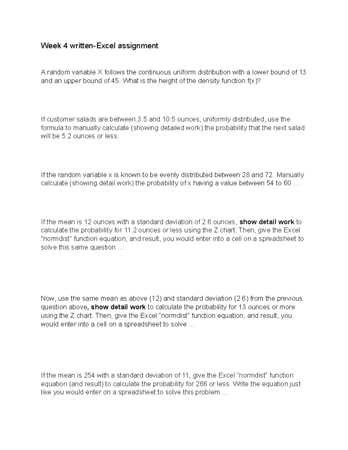 DS 301 F23 6pm Week 4 Written-Excel Assignment - Week 4 written-Excel assignment A random ...