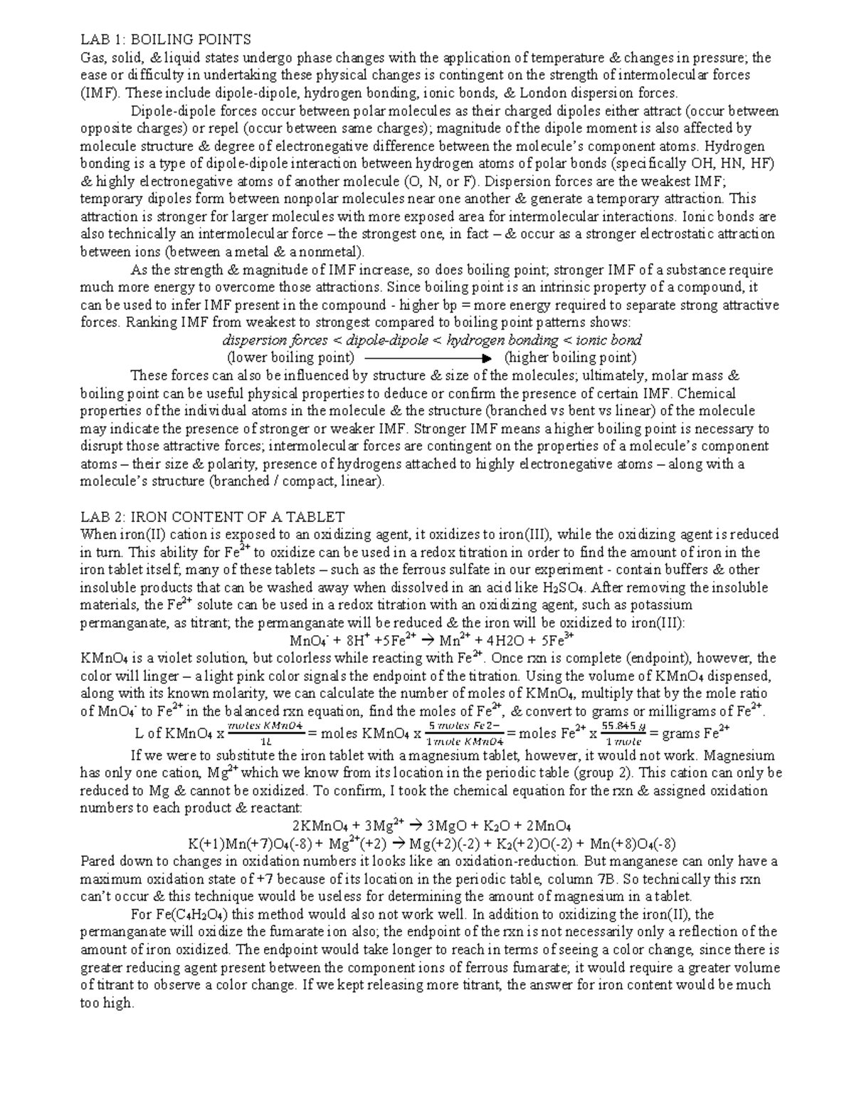LAB final notes - LAB 1: BOILING POINTS Gas, solid, & liquid states ...