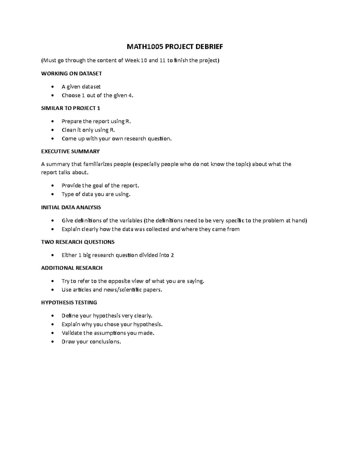 Project 2 Debrief - Summary MATH1005 Statistics - MATH1005 PROJECT DEBRIEF (Must go through the ...