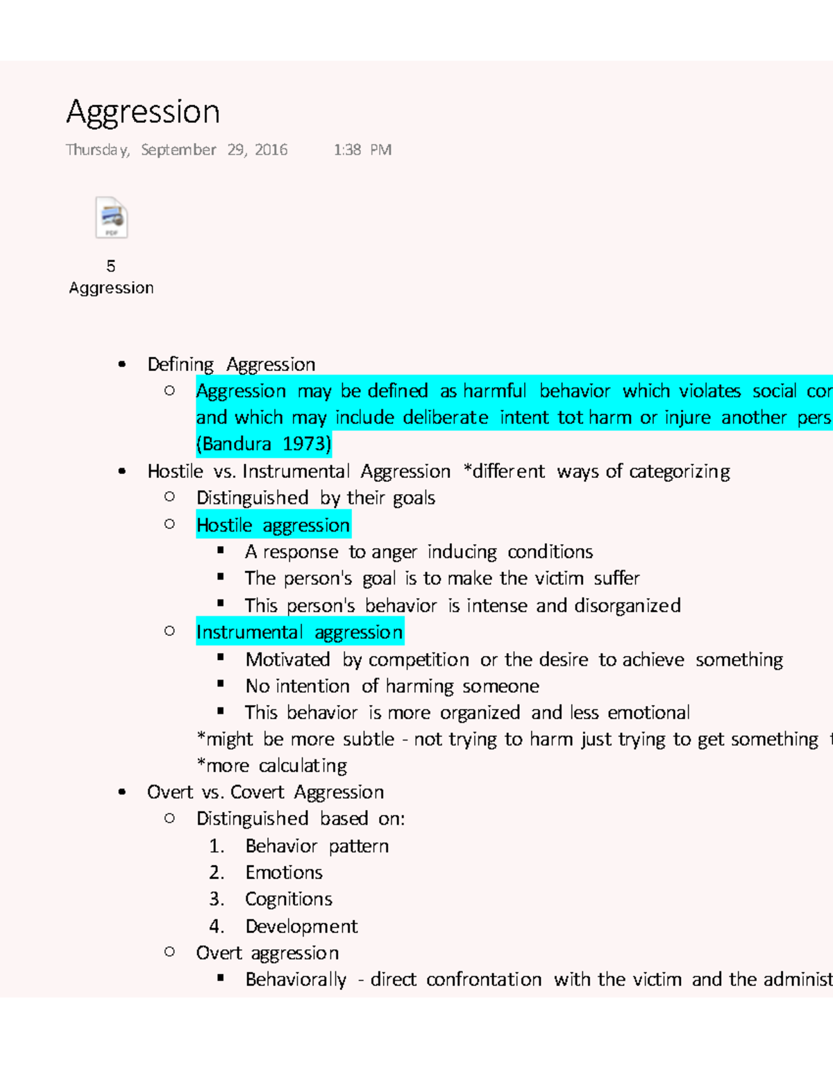 Aggression - Lecture note 5 - ! Aggression Aggression may be defined as ...