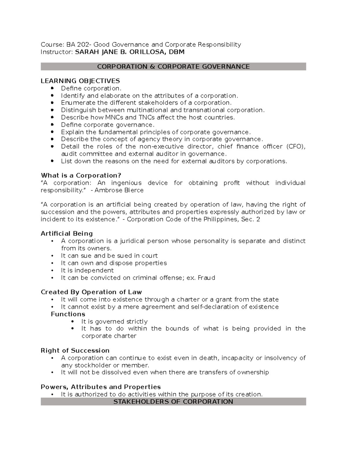 Lesson 1-Corporation and Corporate Governance - Course: BA 202- Good ...