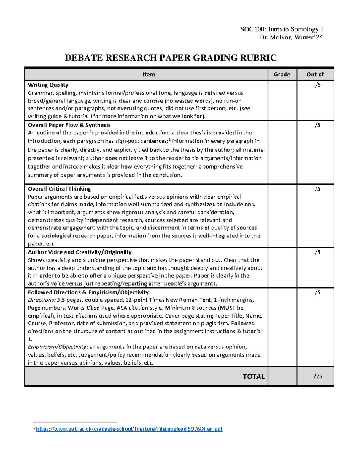 Debate Research Paper Grading Rubric- SOC100- Dr. Mc Ivor- Winter'24 ...