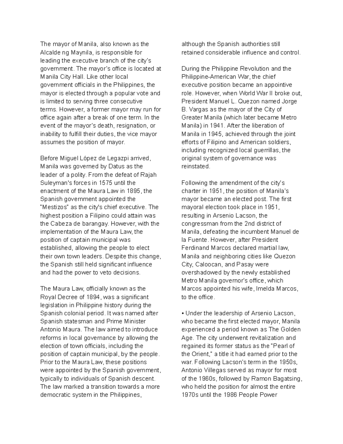 Manila Studies - info - The mayor of Manila, also known as the Alcalde ...