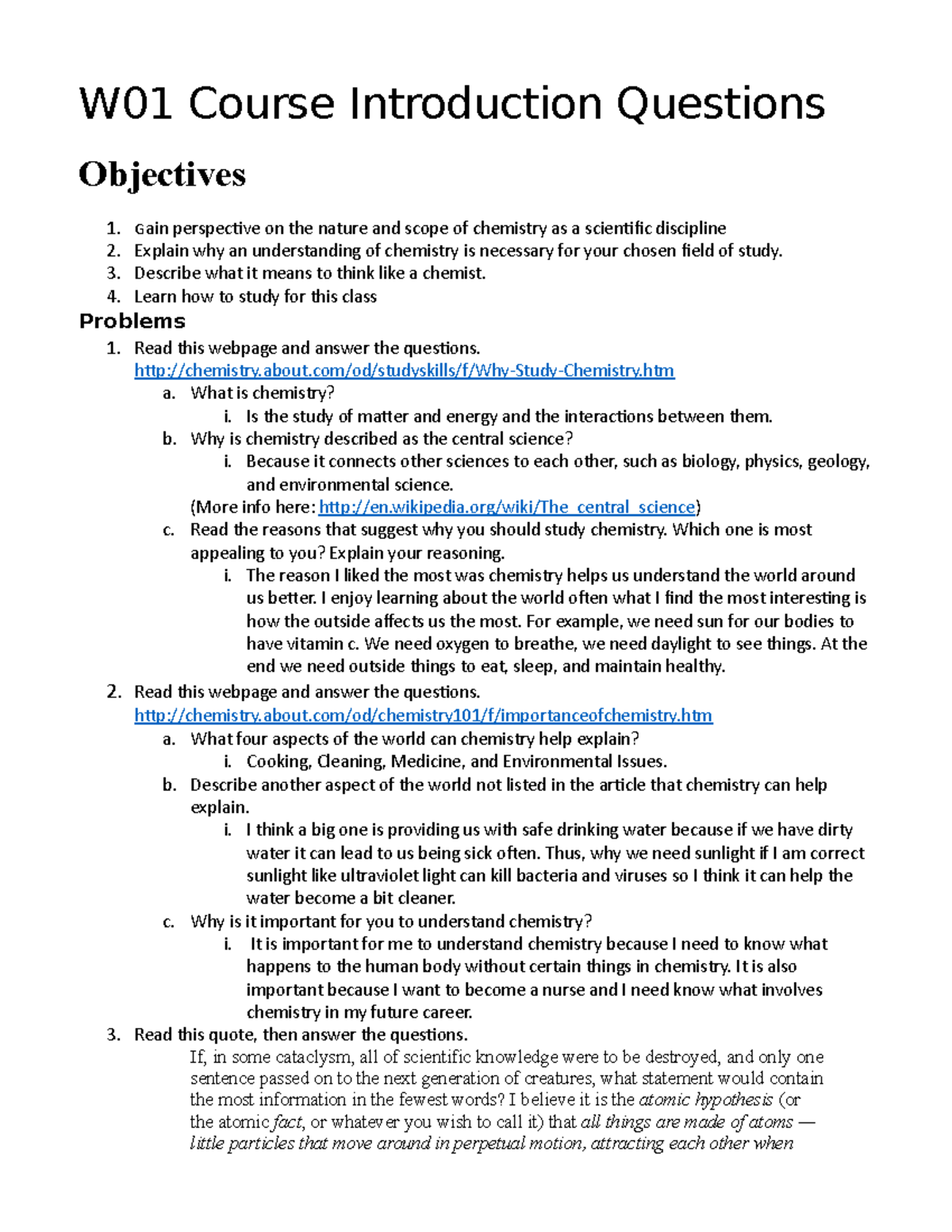 Chem101 Course Intro Questions - W01 Course Introduction Questions ...
