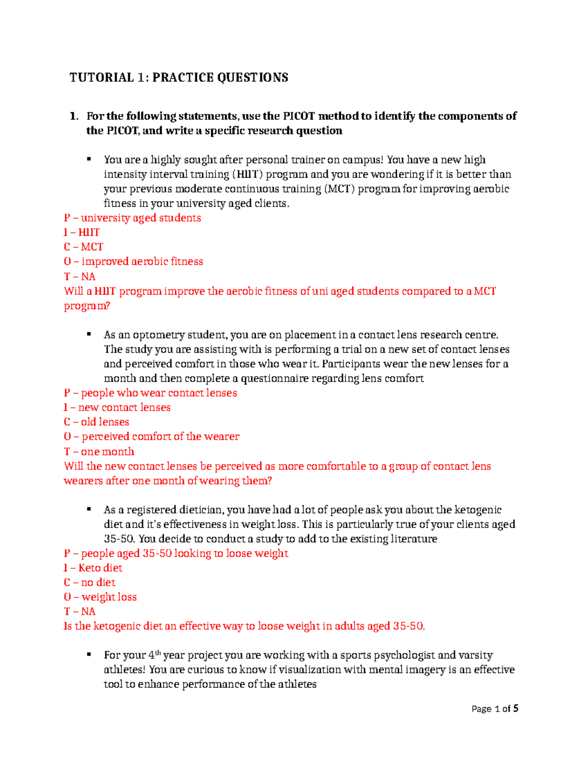 Tutorial 1 - KIN 232 - Practice Questions - Page 1 of 5 TUTORIAL 1: PRACTICE QUESTIONS For the ...