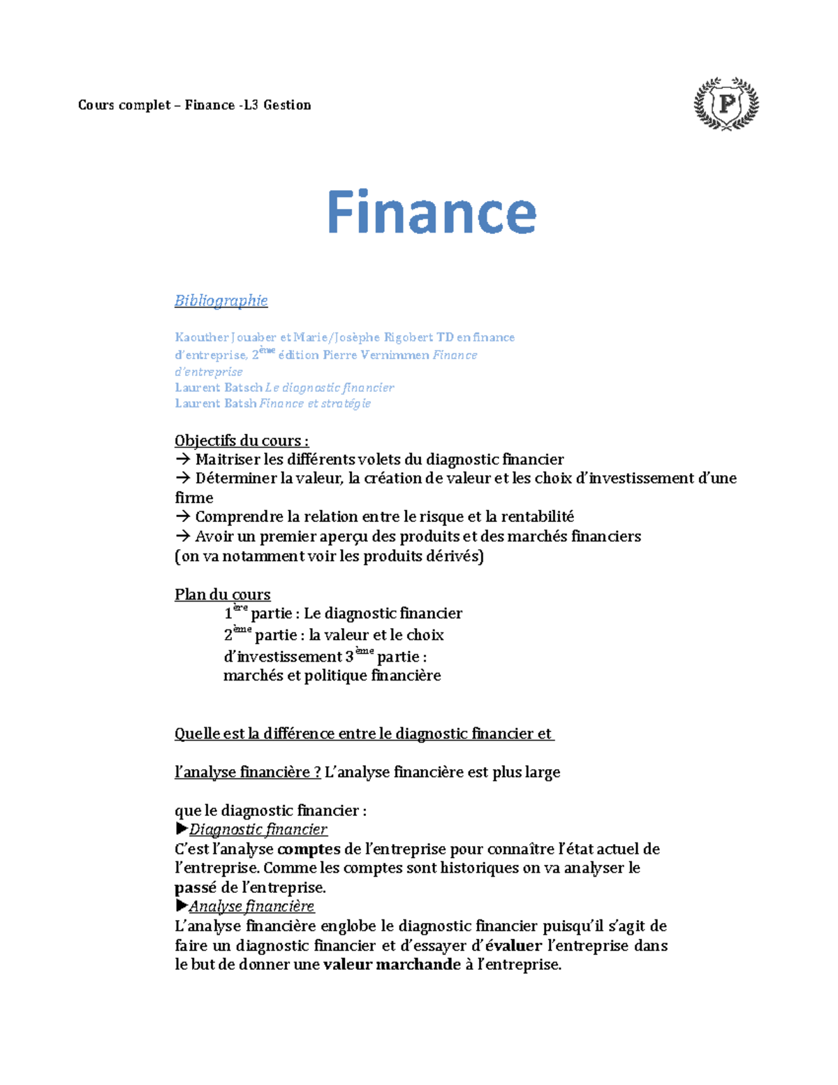 Cours 2 - fiche - Cours complet – Finance -L3 Gestion Finance ...