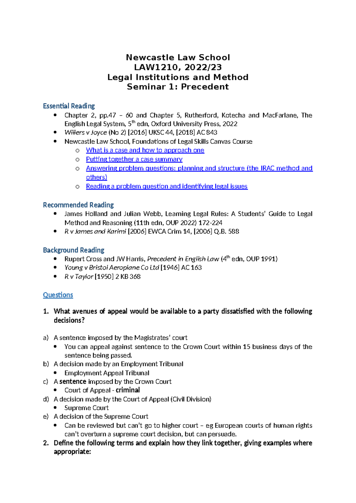 Seminar 1 Precedent - Newcastle Law School LAW1210, 2022/ Legal ...