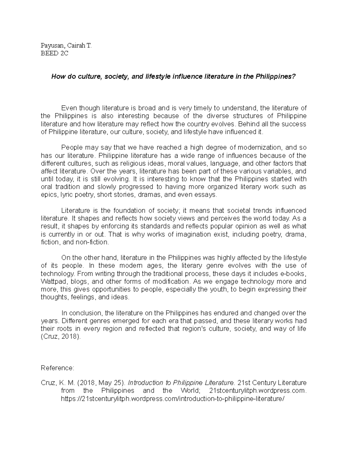 Literature in the Philippines - Payusan, Cairah T. BEED 2C How do ...