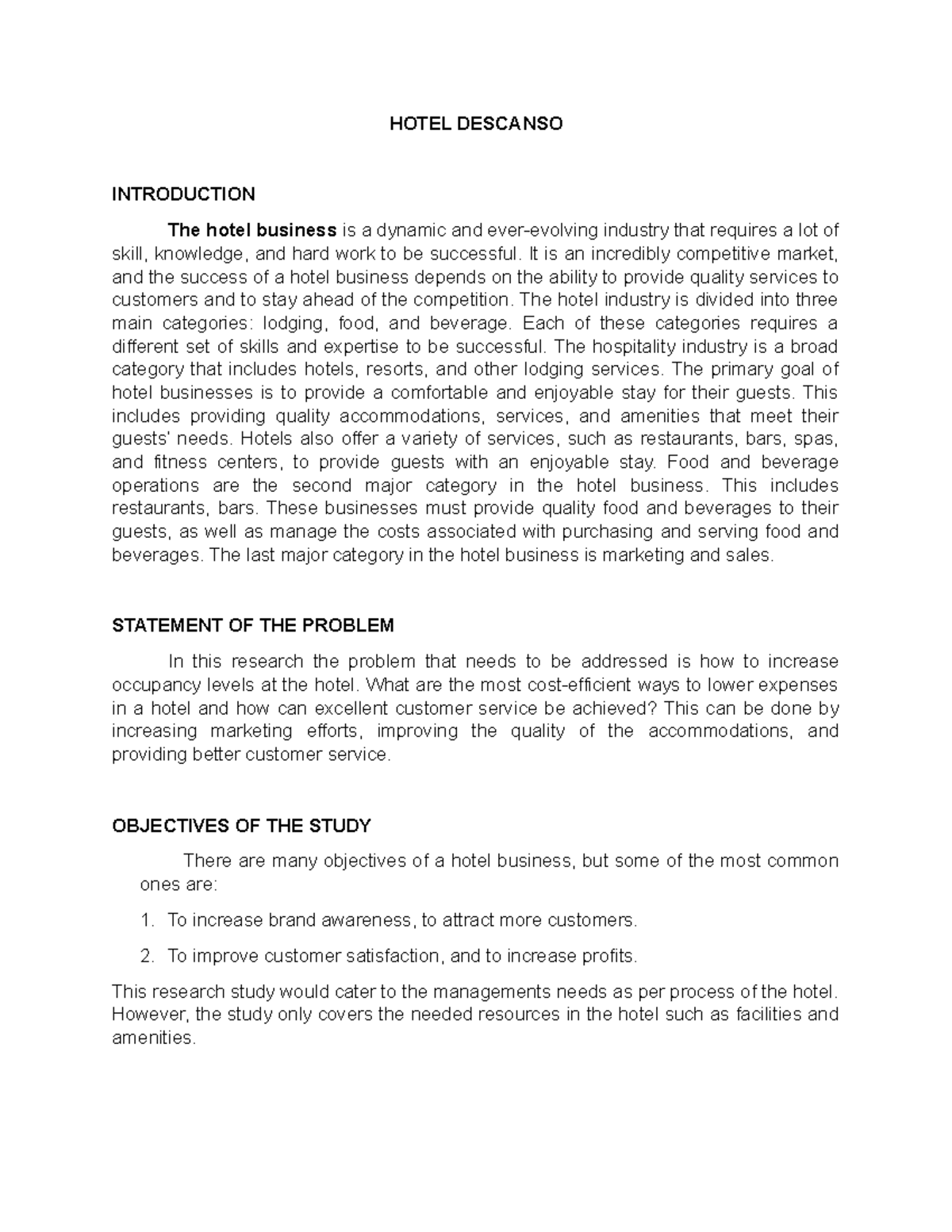 Hotel- Descanso - none - HOTEL DESCANSO INTRODUCTION The hotel business ...